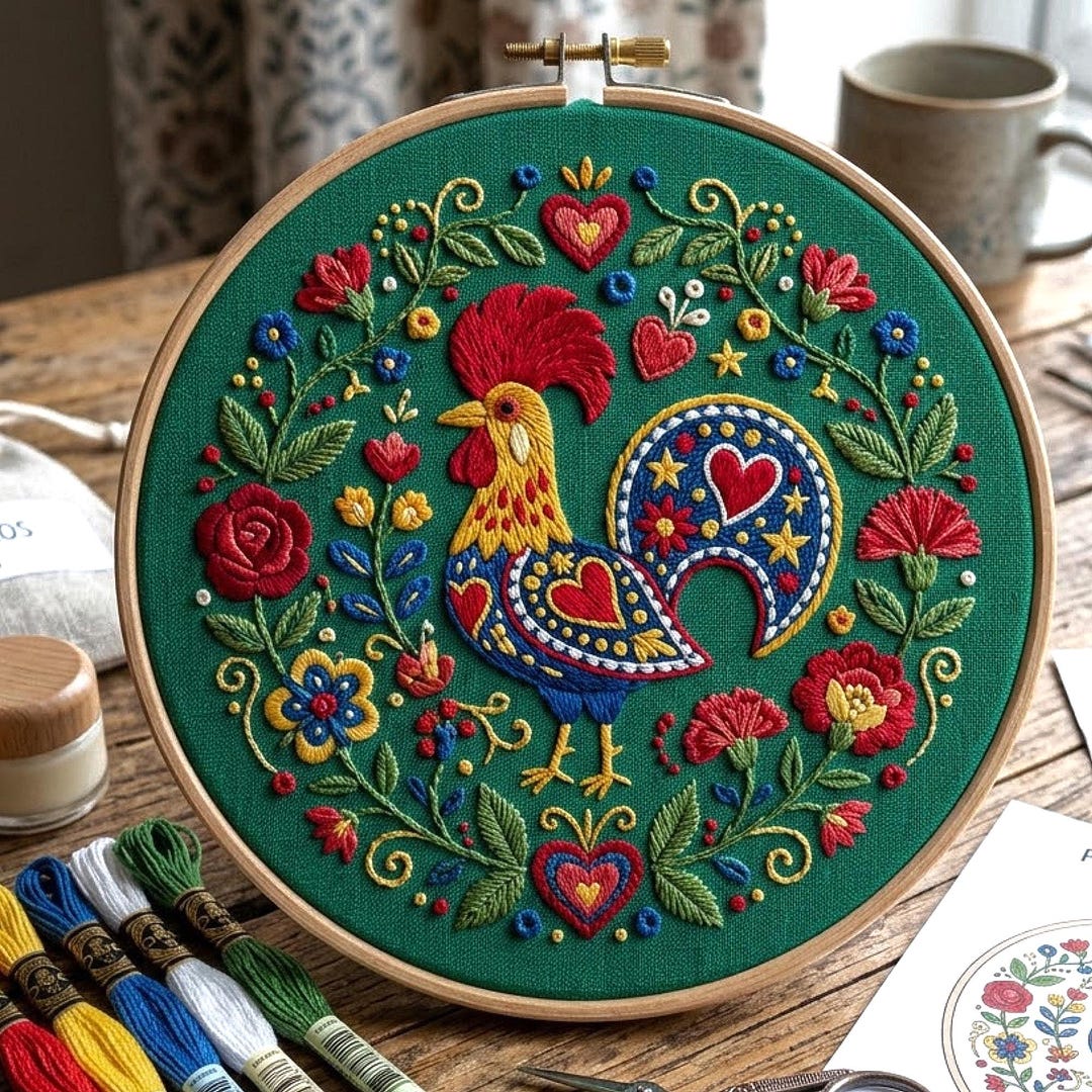 Folk Art Rooster Embroidery Pattern, Scandinavian Floral Hoop Art (PDF ...
