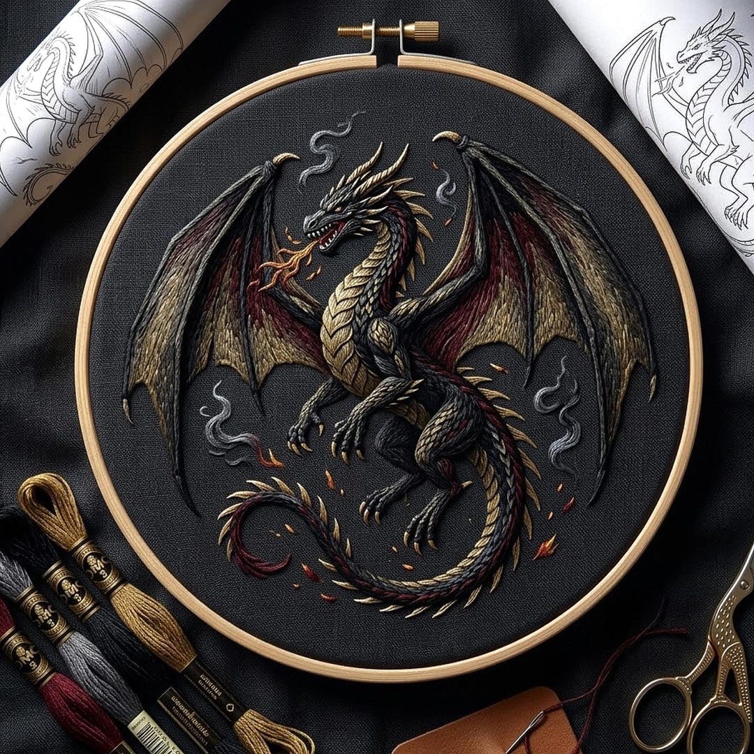 Dark Dragon Embroidery Pattern, Gothic Fantasy Hoop Art, Medieval ...