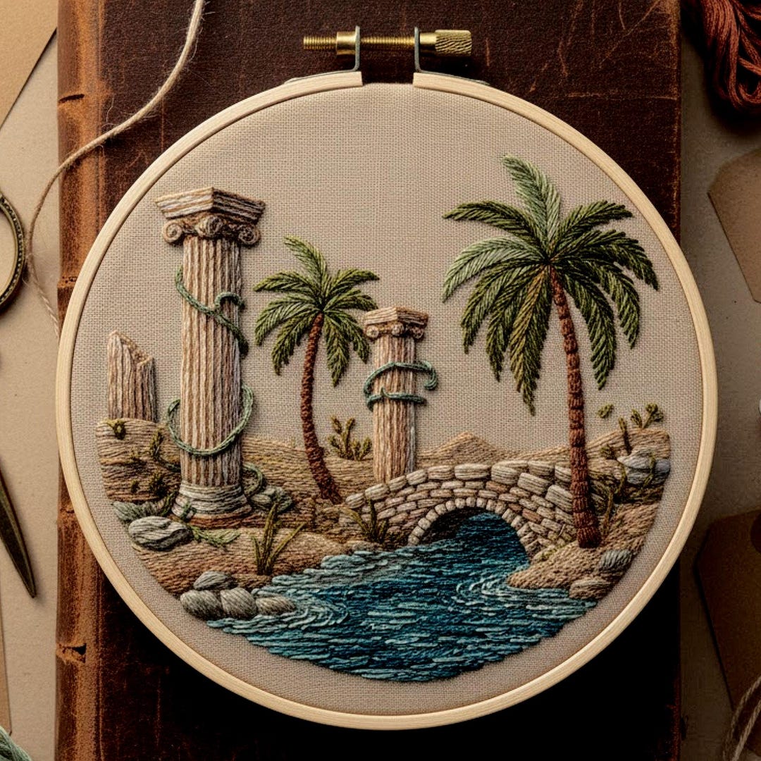 Ancient Ruins Hand Embroidery Pattern With Palm Trees – Vintage ...