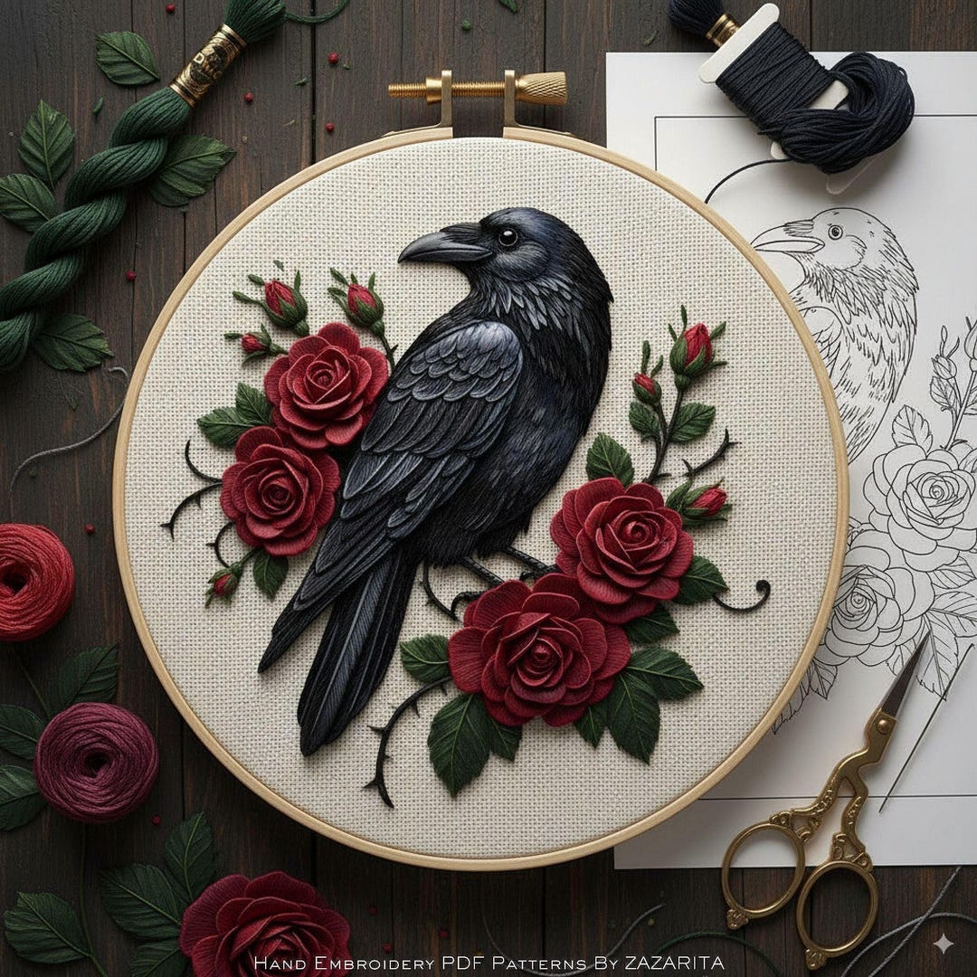 Raven and Roses Embroidery Pattern: Modern Floral Hoop Art (PDF ...