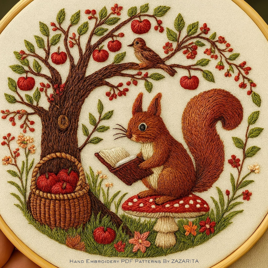 Woodland Squirrel Embroidery Pattern: Floral Wreath Design (PDF ...