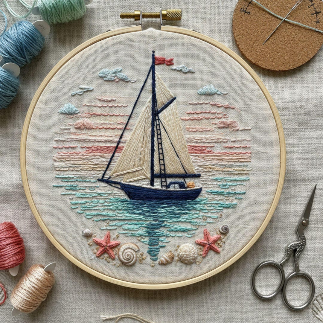Coastal Sailboat Embroidery Pattern: Beginner Nautical Hoop Art (PDF ...