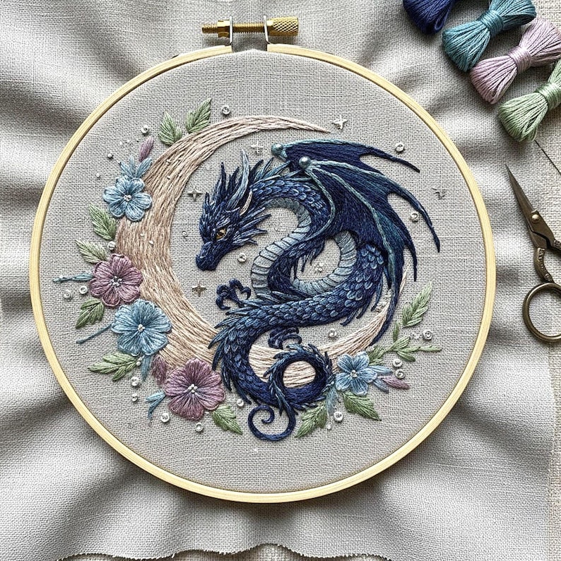 Celestial Dragon Embroidery Pattern, Moon Floral Hoop Art (digital ...