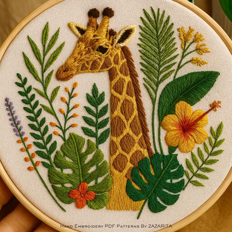 Giraffe and Tropical Floral Embroidery Pattern PDF | Modern Hand ...