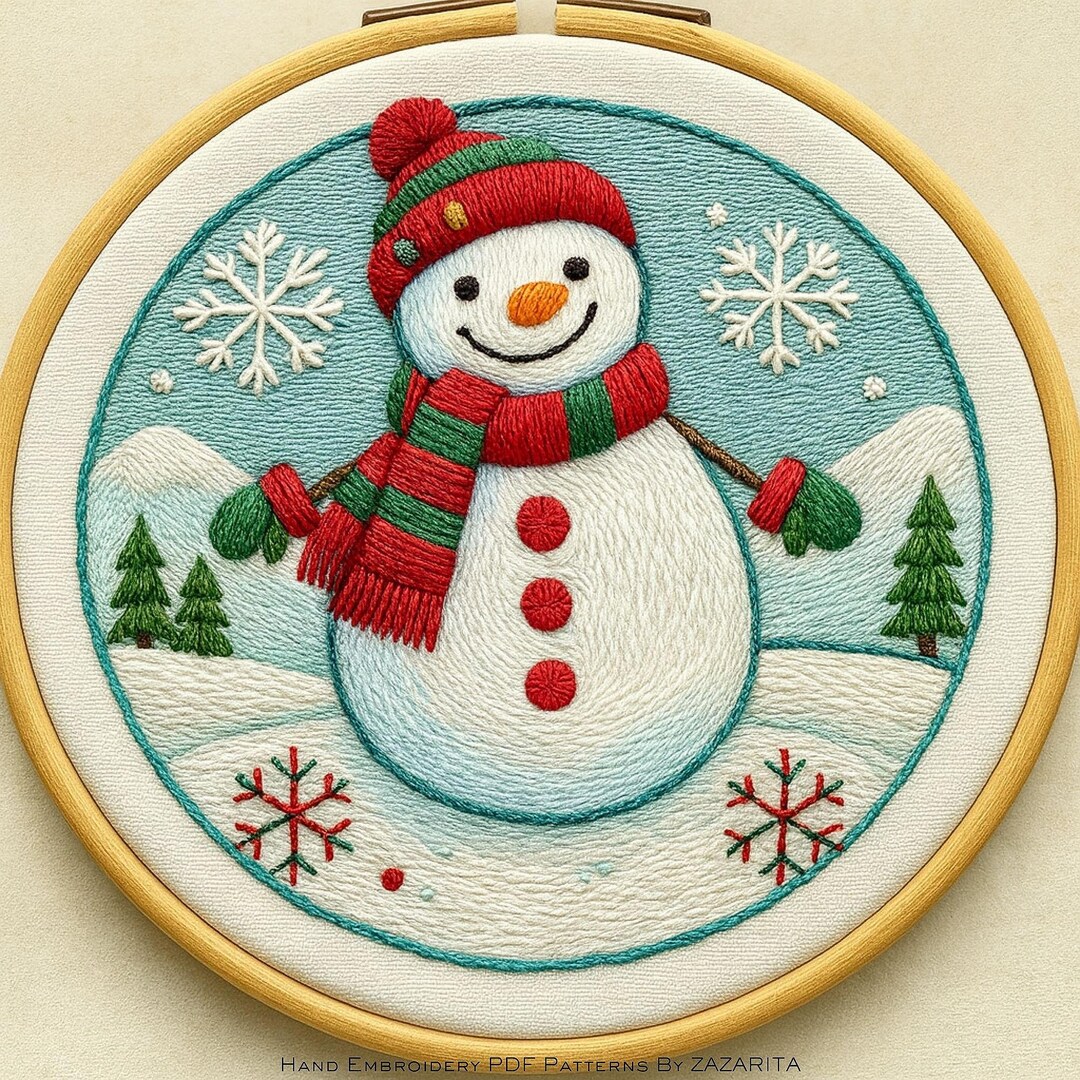 Snowman Winter Embroidery Pattern – Festive Hand Embroidery PDF With ...