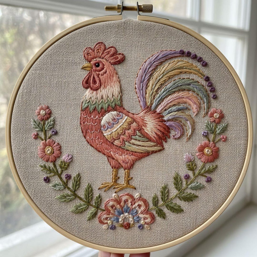 Vintage Rooster Embroidery Pattern – Farmhouse Floral Design (PDF ...