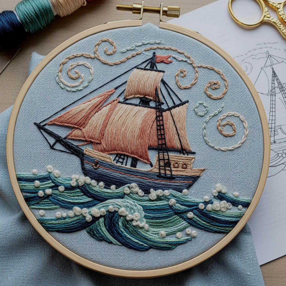 Sailing Ship Embroidery Patterns, Nautical Hand Embroidery Design ...