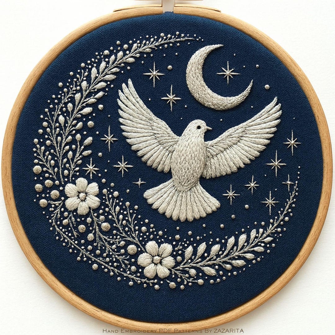 Celestial Dove Embroidery Pattern: Modern Floral Hoop Art (PDF Download ...