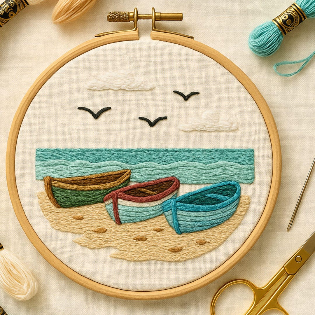 Beginner Seaside Boat Embroidery Pattern • Easy Coastal Hoop Art (PDF ...