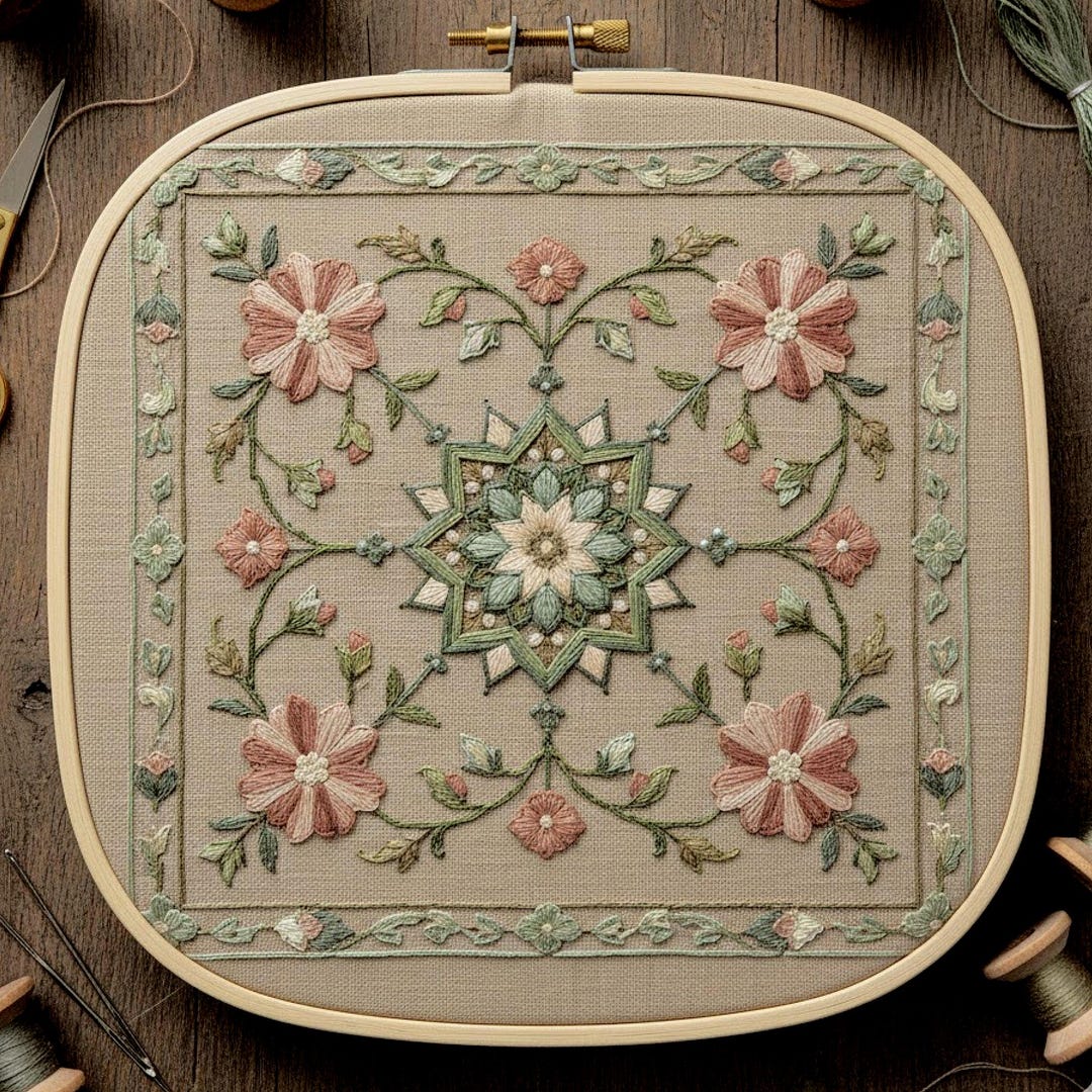 Vintage Floral Geometric Hand Embroidery Pattern – Square Botanical ...