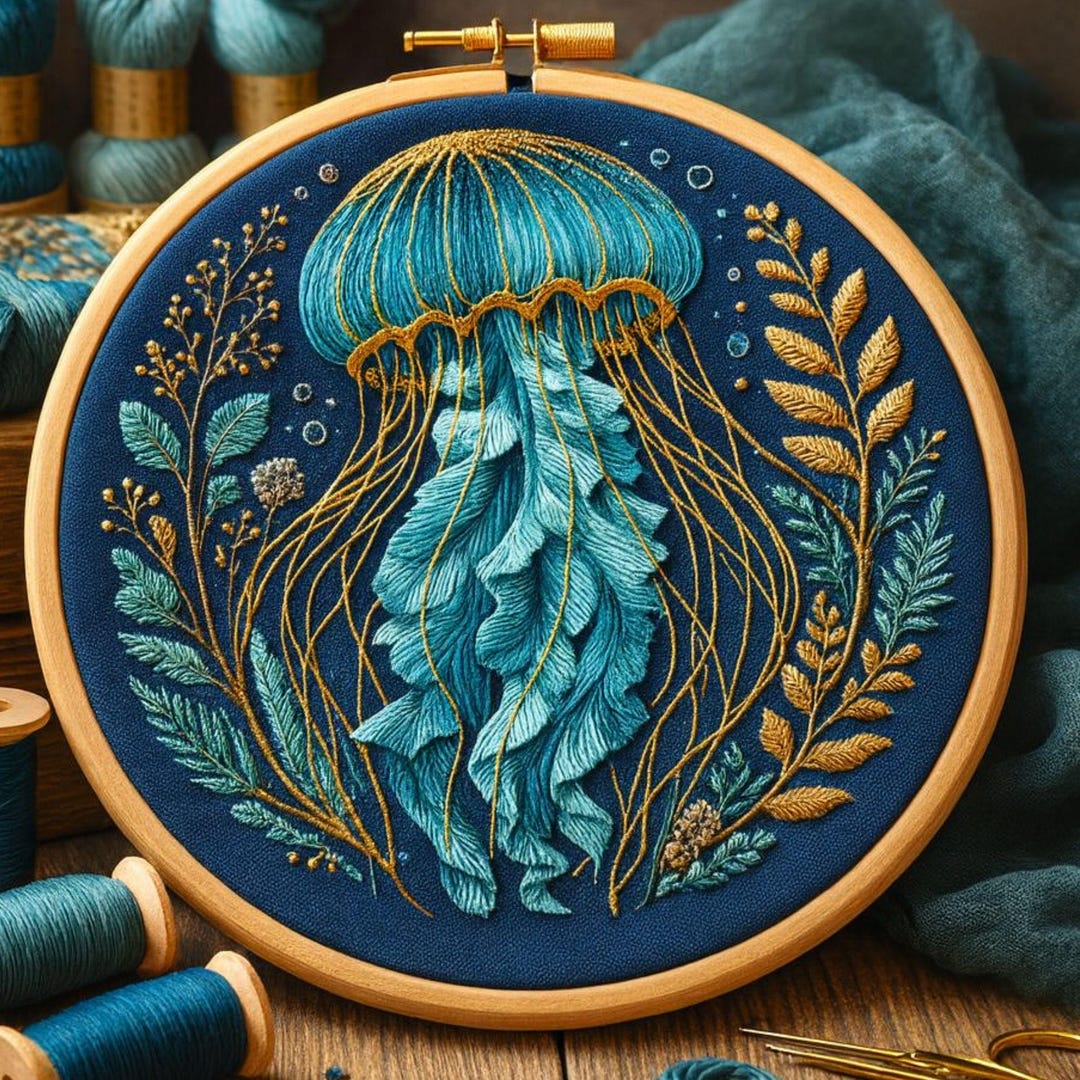 Jellyfish Embroidery Pattern – Modern Hand Embroidery Design With Teal ...