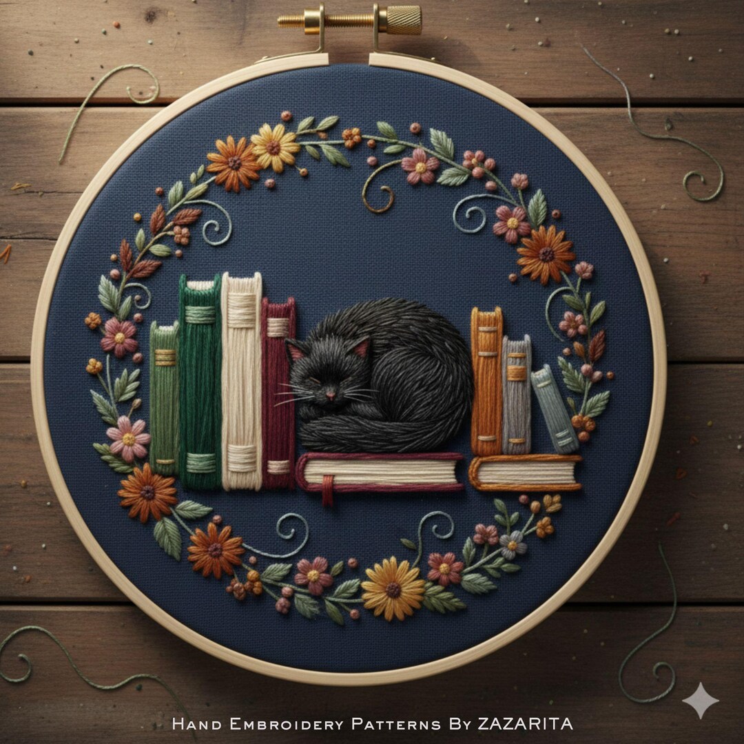 Cozy Black Cat Bookshelf Embroidery Pattern – Autumn Floral Wreath PDF ...
