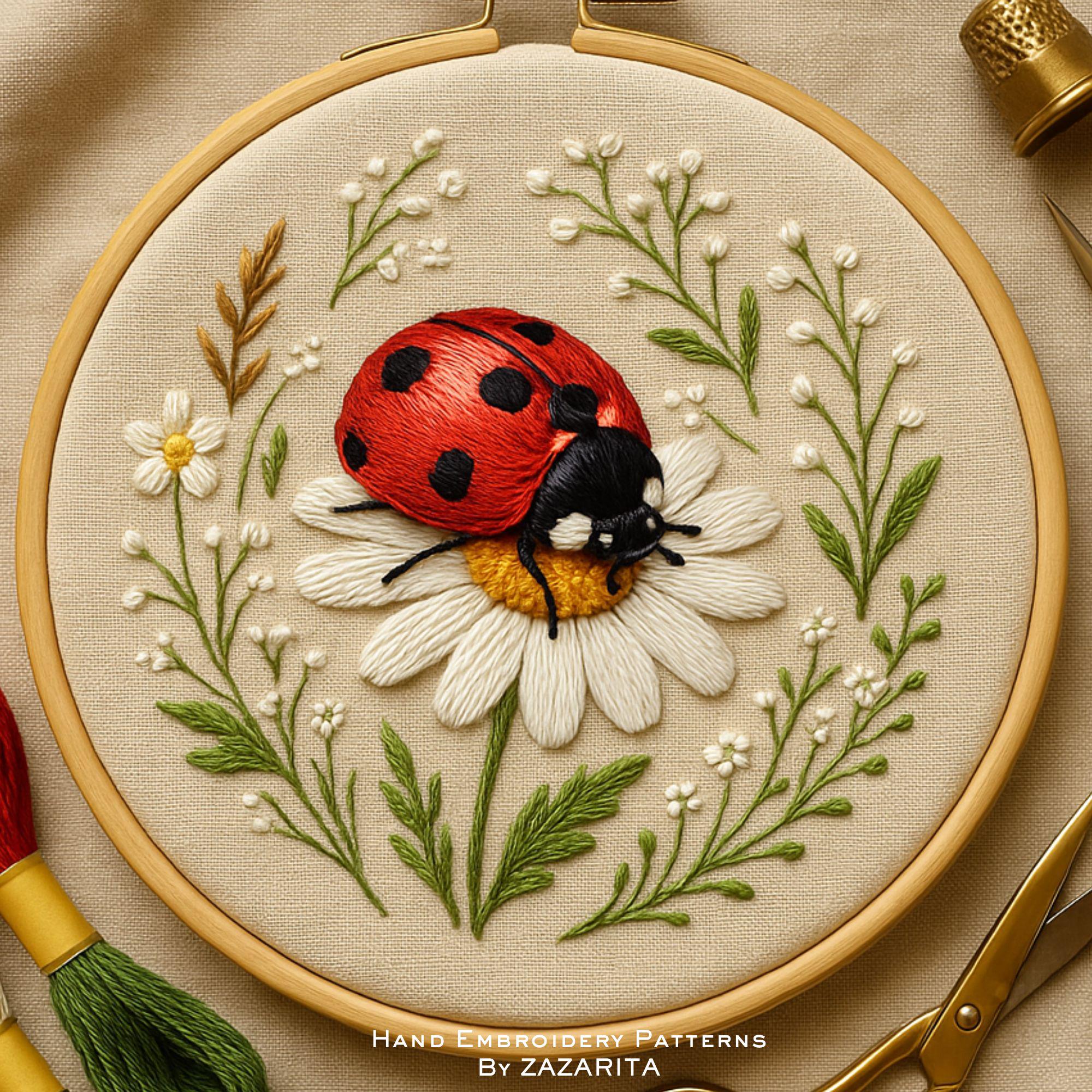 Ladybug & Daisy Hand Embroidery Pattern: Beginner Floral Hoop Art (PDF ...
