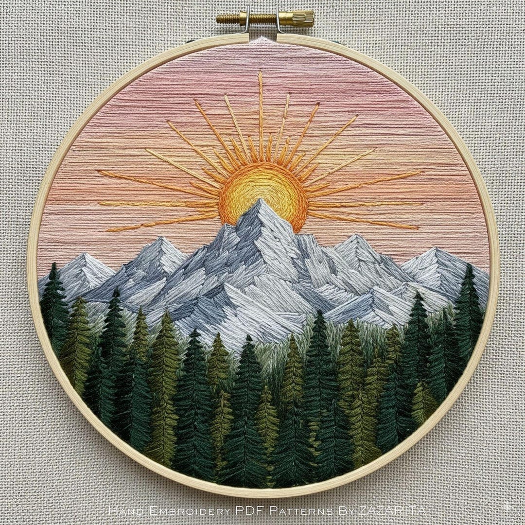 Mountain Sunrise Embroidery Pattern: Landscape Hoop Art With DMC Colors ...