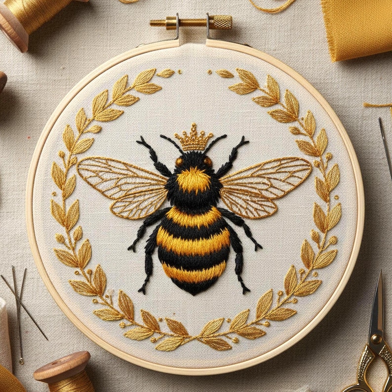 Royal Bee Embroidery Pattern, Queen Bee Hoop Art, Vintage Botanical ...
