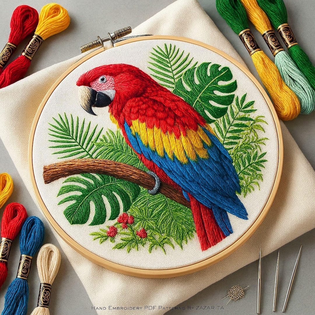Tropical Parrot Hand Embroidery Pattern: Modern Hoop Art (PDF Download ...