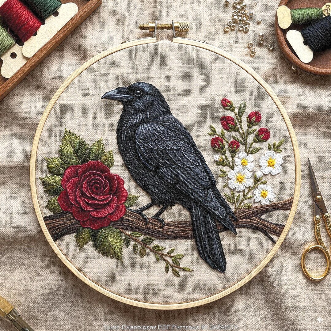 Raven and Roses Embroidery Pattern: Modern Floral Design (PDF Download ...