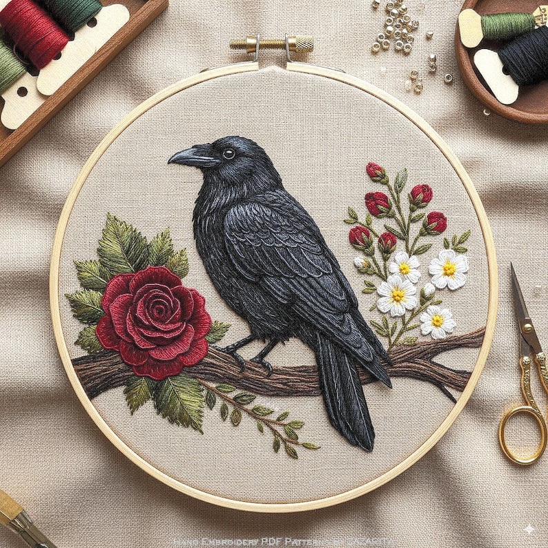 Raven and Roses Embroidery Pattern: Modern Floral Design (PDF Download ...