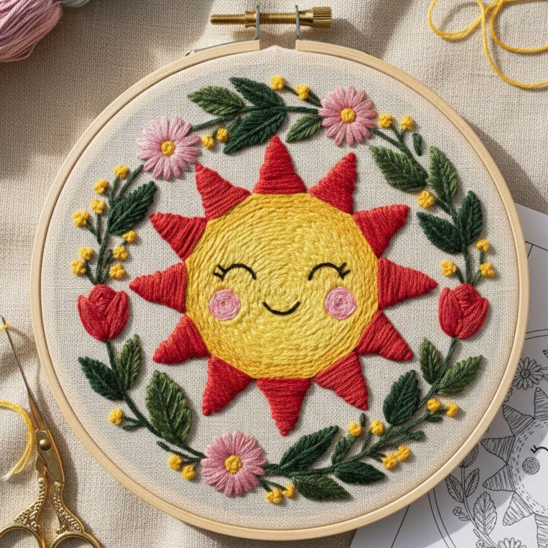 Floral Sun Embroidery Pattern, Smiling Sun Hoop Art, Beginner Hand ...