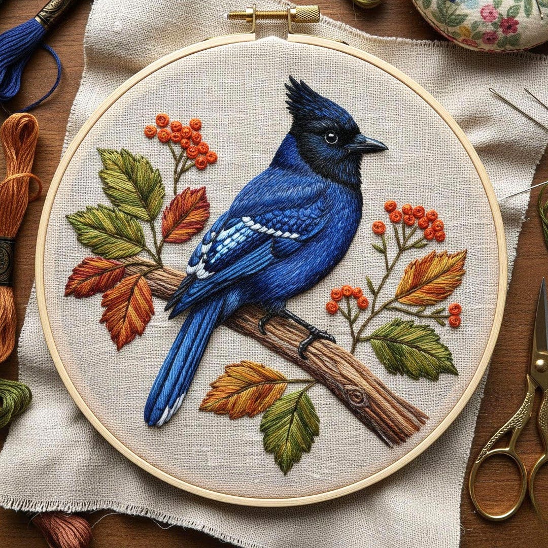 Blue Jay Embroidery Pattern – Realistic Bird Hoop Art Design, Modern ...