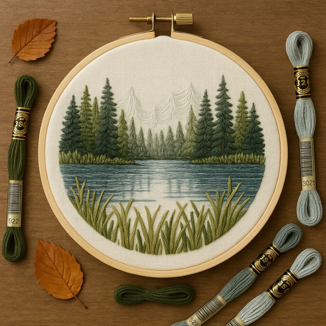 Forest Lake Embroidery Pattern – Scenic Landscape Hoop Art (digital ...
