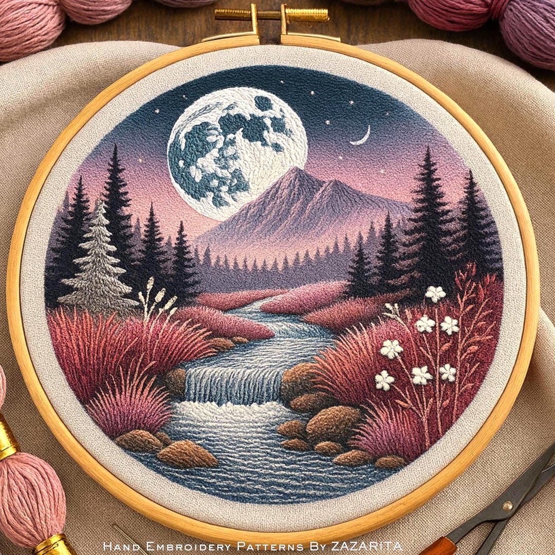 Moonlight River Hand Embroidery Pattern | Mountain Night Landscape PDF ...