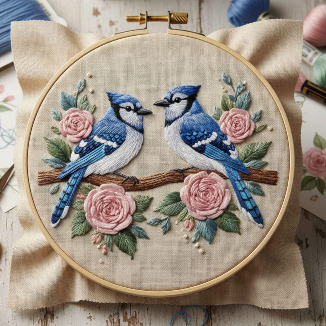 Blue Jays and Roses Hand Embroidery Pattern | Modern Floral Hoop Art ...