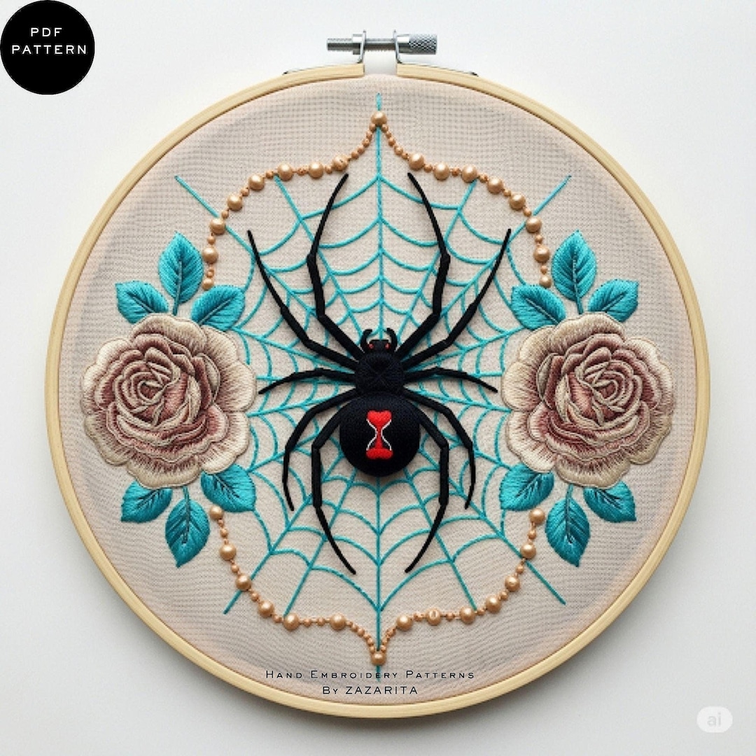 Black Widow Spider Embroidery Pattern: Roses & Turquoise Web (PDF ...