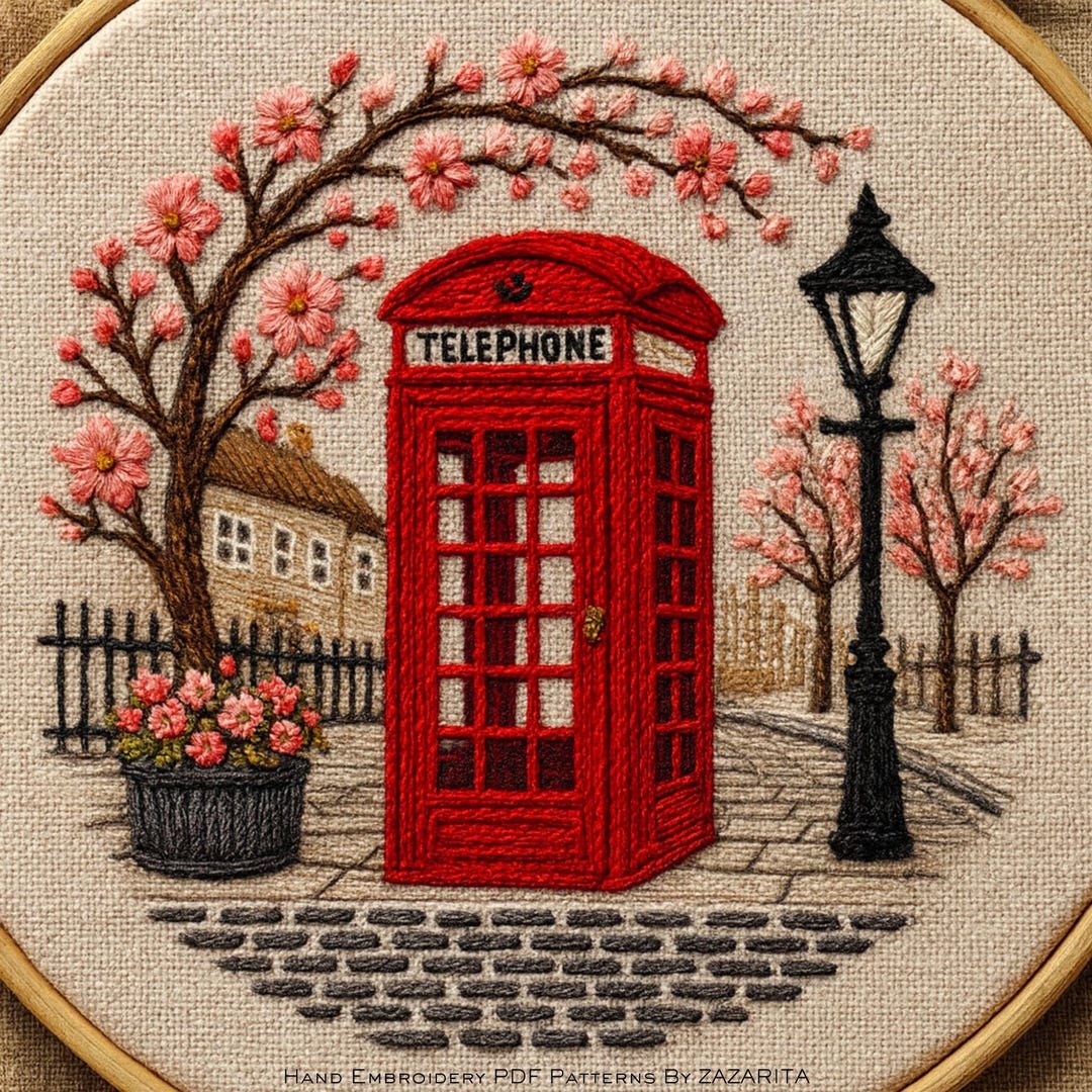 Red London Telephone Booth Embroidery Pattern – PDF Hand Embroidery ...