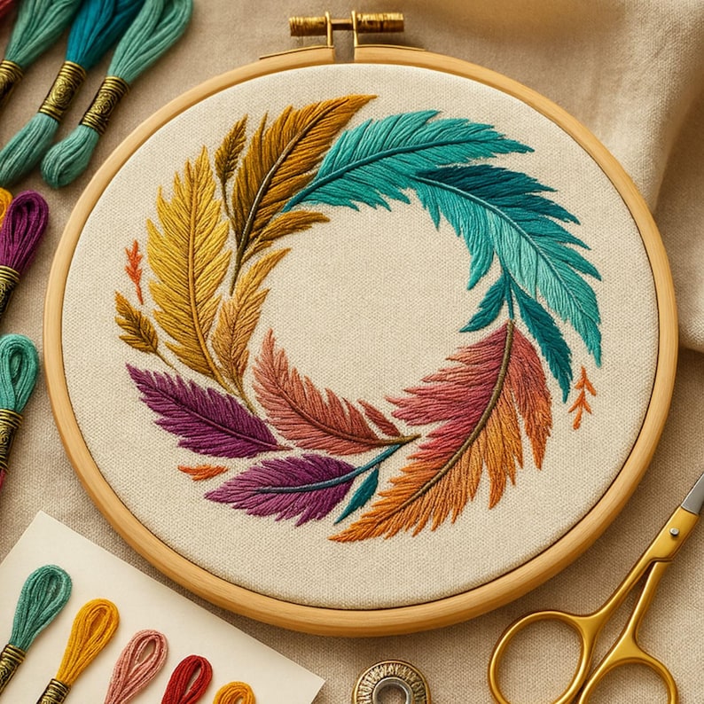 Feather Wreath Embroidery Pattern | Modern Hand Embroidery PDF ...