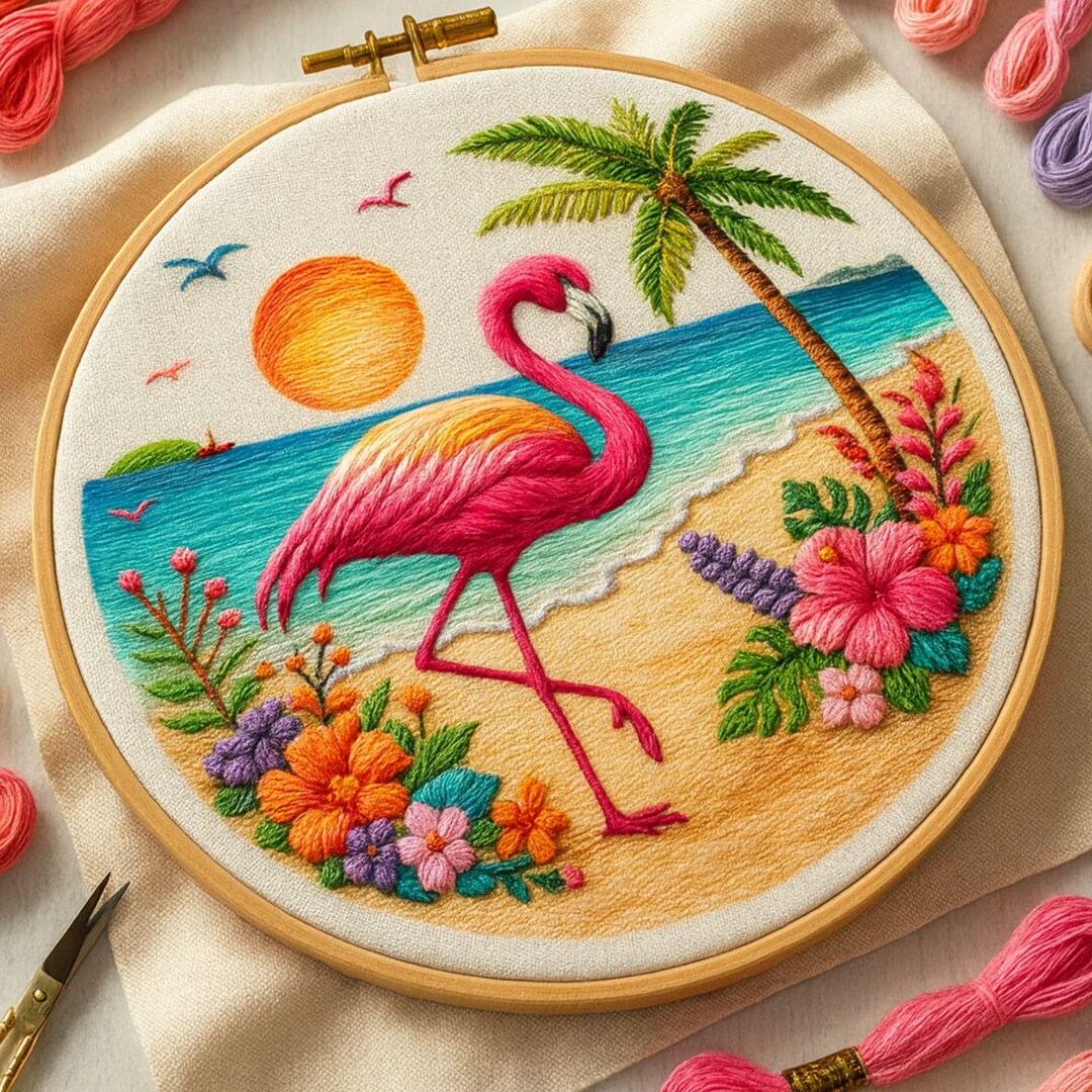 Tropical Flamingo Embroidery Pattern: Beach Hoop Art Design (PDF Download) - Etsy