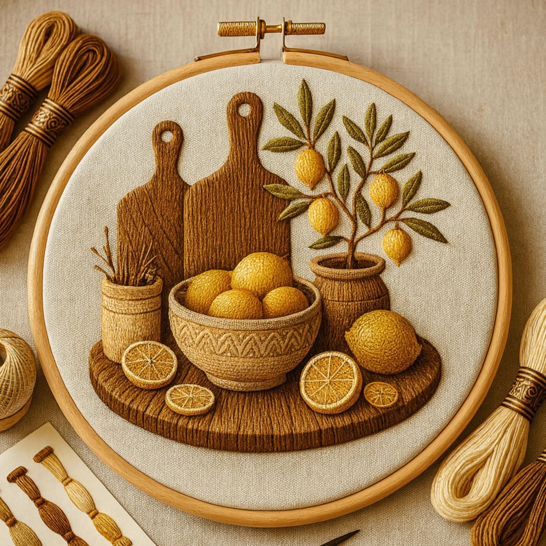 Rustic Citrus Still Life Embroidery Pattern • Modern Kitchen Hand ...