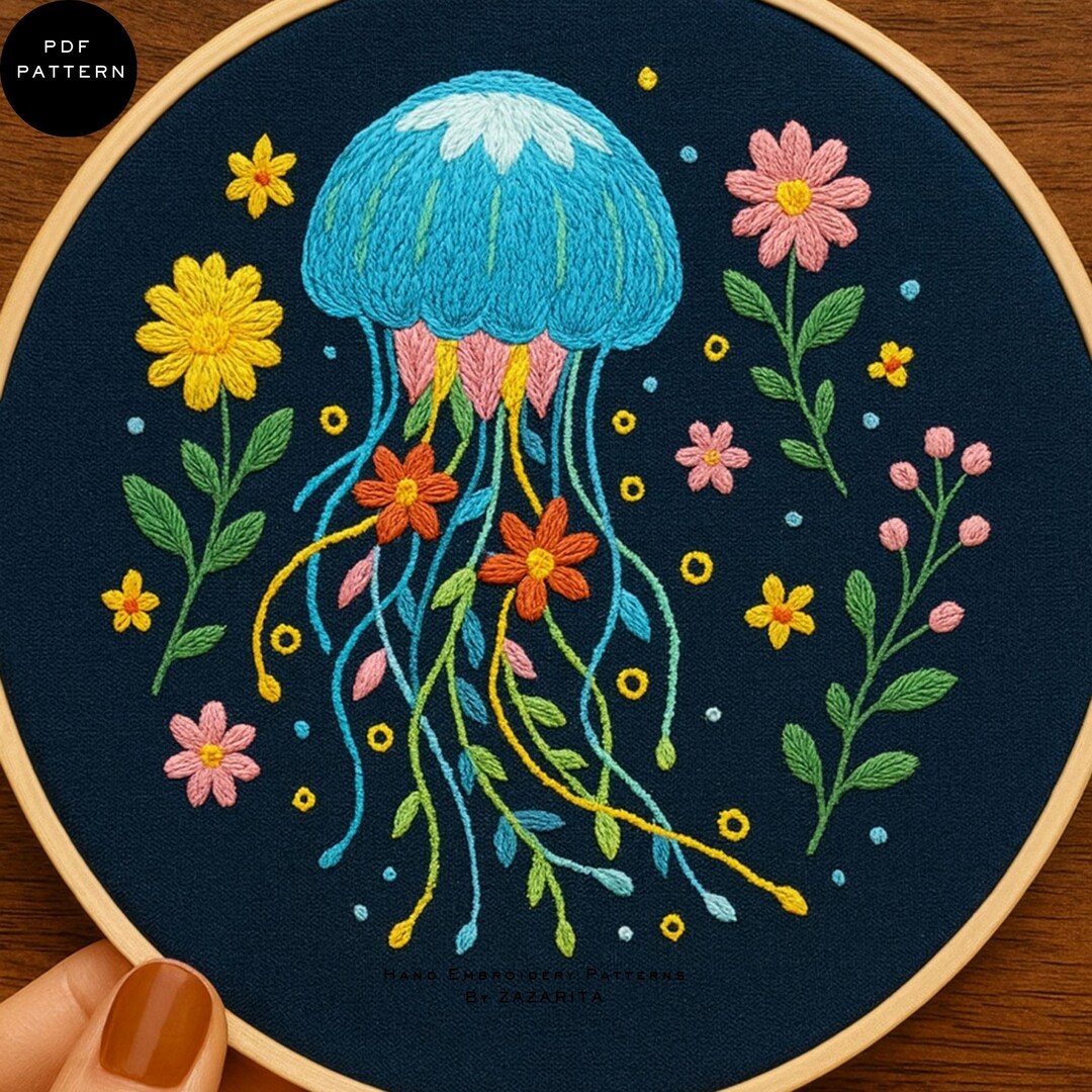 Jellyfish & Floral Hand Embroidery Pattern: Ocean-inspired Design (PDF ...