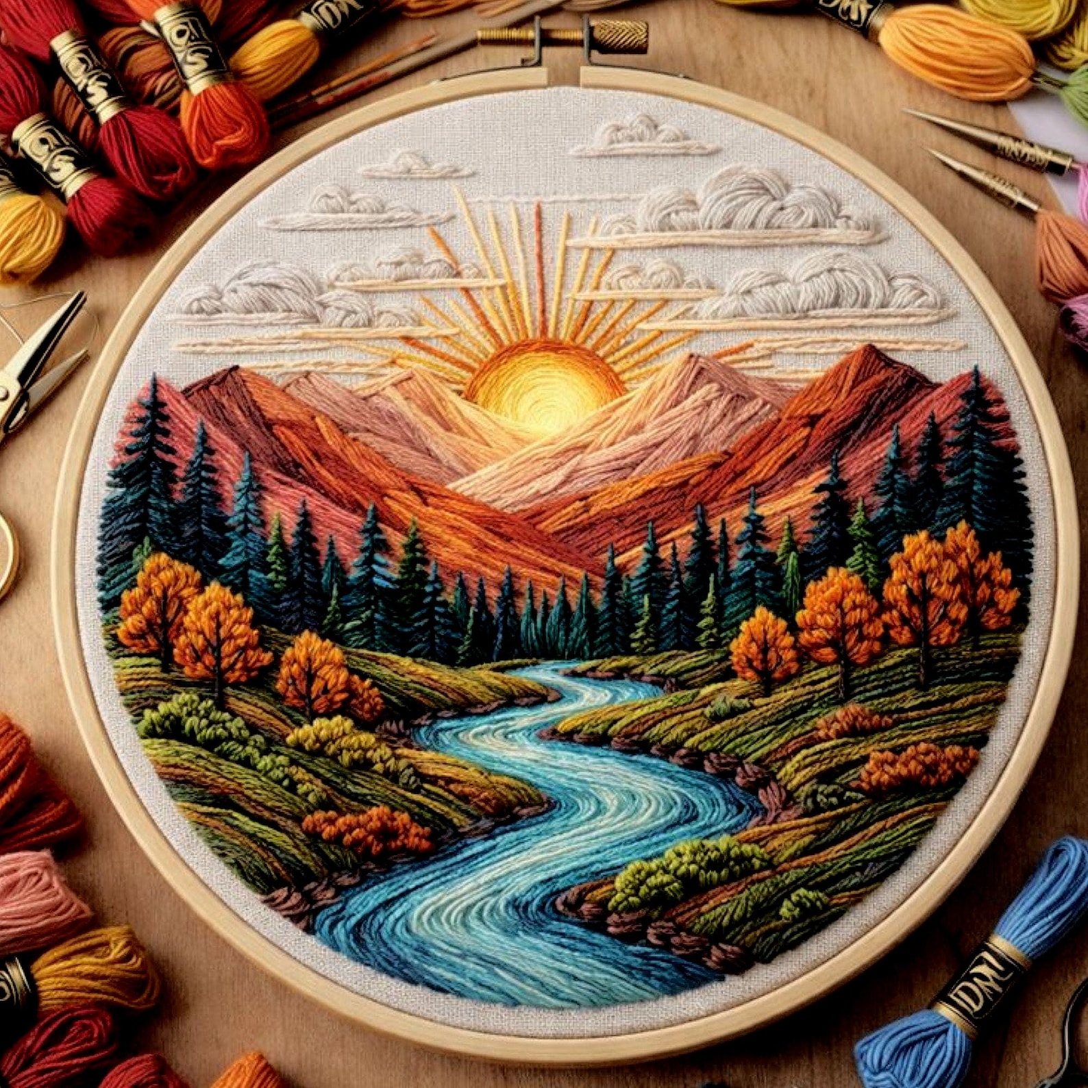 Sunrise Mountain River Hand Embroidery Pattern, Scenic Landscape Hoop ...