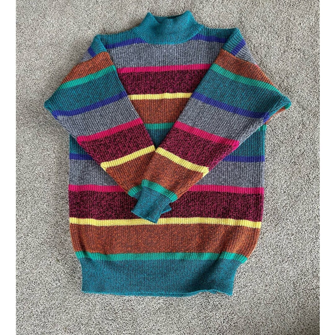 Vintage 80's Here is a Hug High Neck Sweater Rainbow Stripes Size LARGE ...