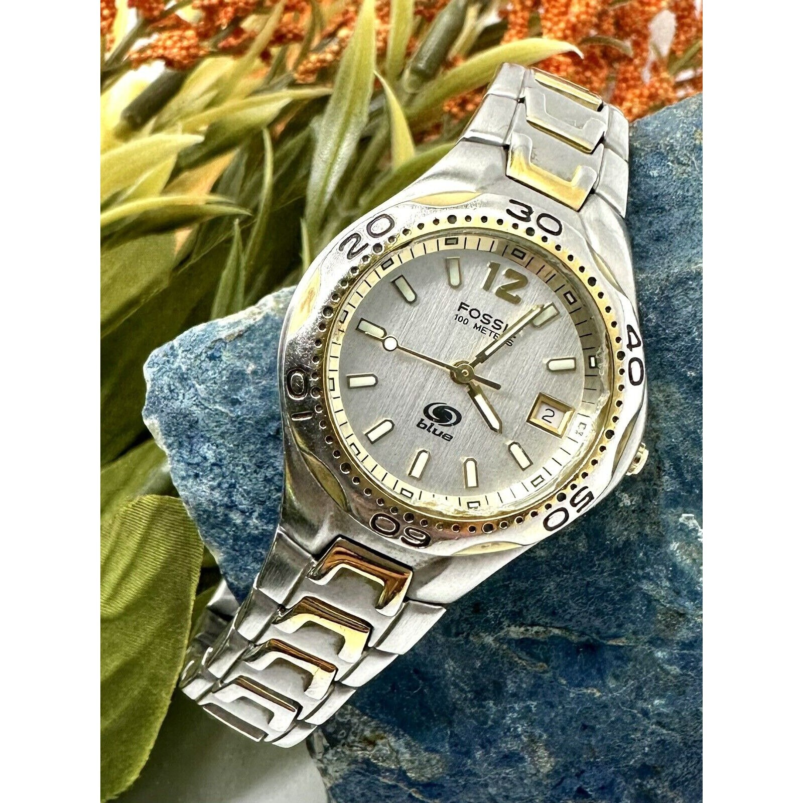 Fossil Silver And Gold Blue Am-3424 100 Meters Men's Dress/Dive ...