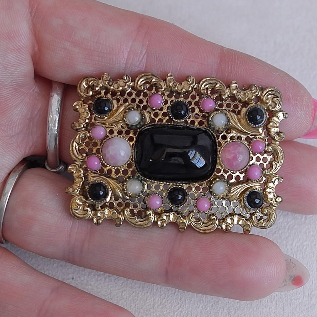 Vintage Victorian Brooch Rectangular Brass Mesh Frame Pink Black ...