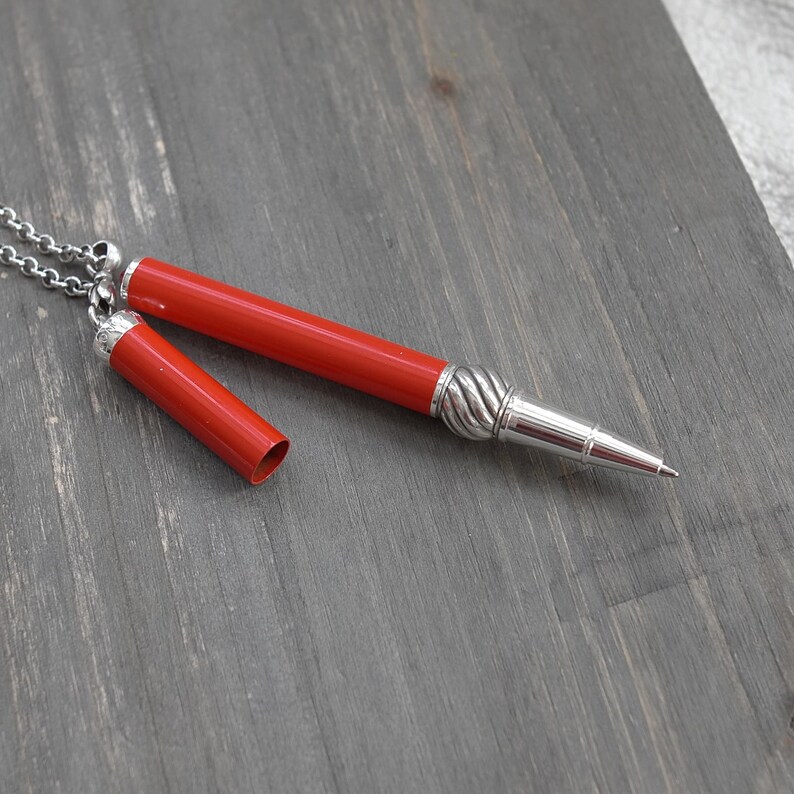 Brighton pen Pal Red Pen Necklace Long Rollo Chain Silver Plated Red ...