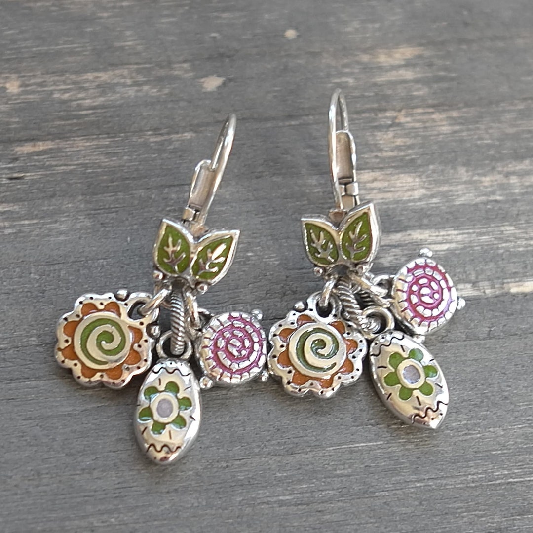 Brighton Flower Dangle Earrings Level Back Floral Garden Leaves Enamel ...