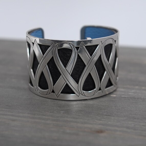 Brighton Christo Wide Cuff Bracelet Black Blue Ribbon Motif Silver Plated