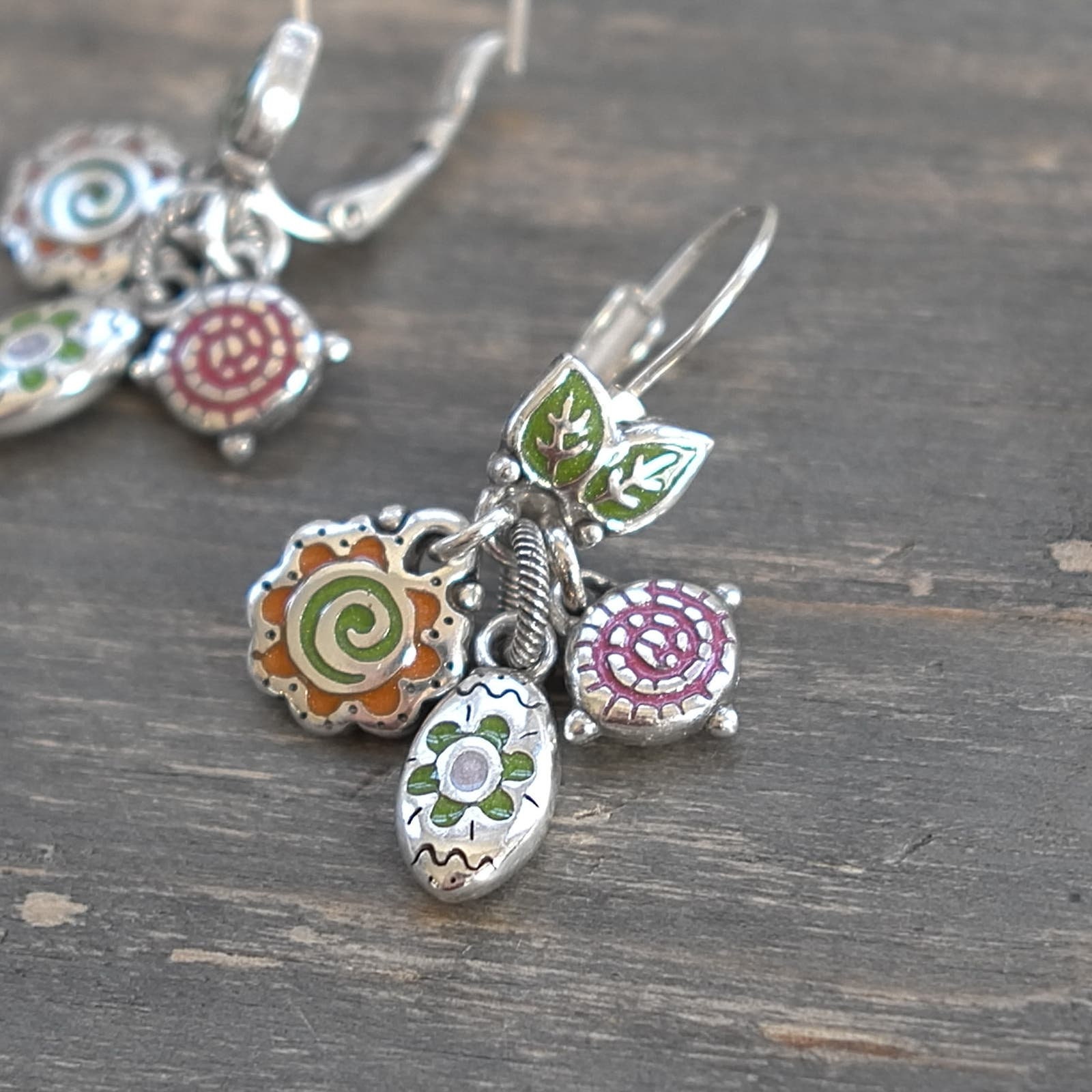 Brighton Flower Dangle Earrings Level Back Floral Garden Leaves Enamel ...