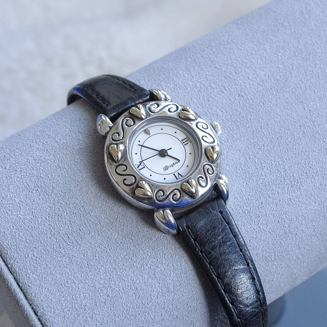 Brighton Santa Monica Watch Two Tone 7" Black Leather Band Vintage Gold ...