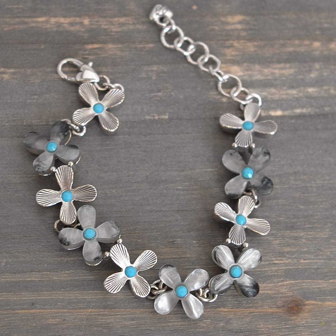 Brighton Flower Link Bracelet Turquoise Tone Iridescent Acrylic Accents ...