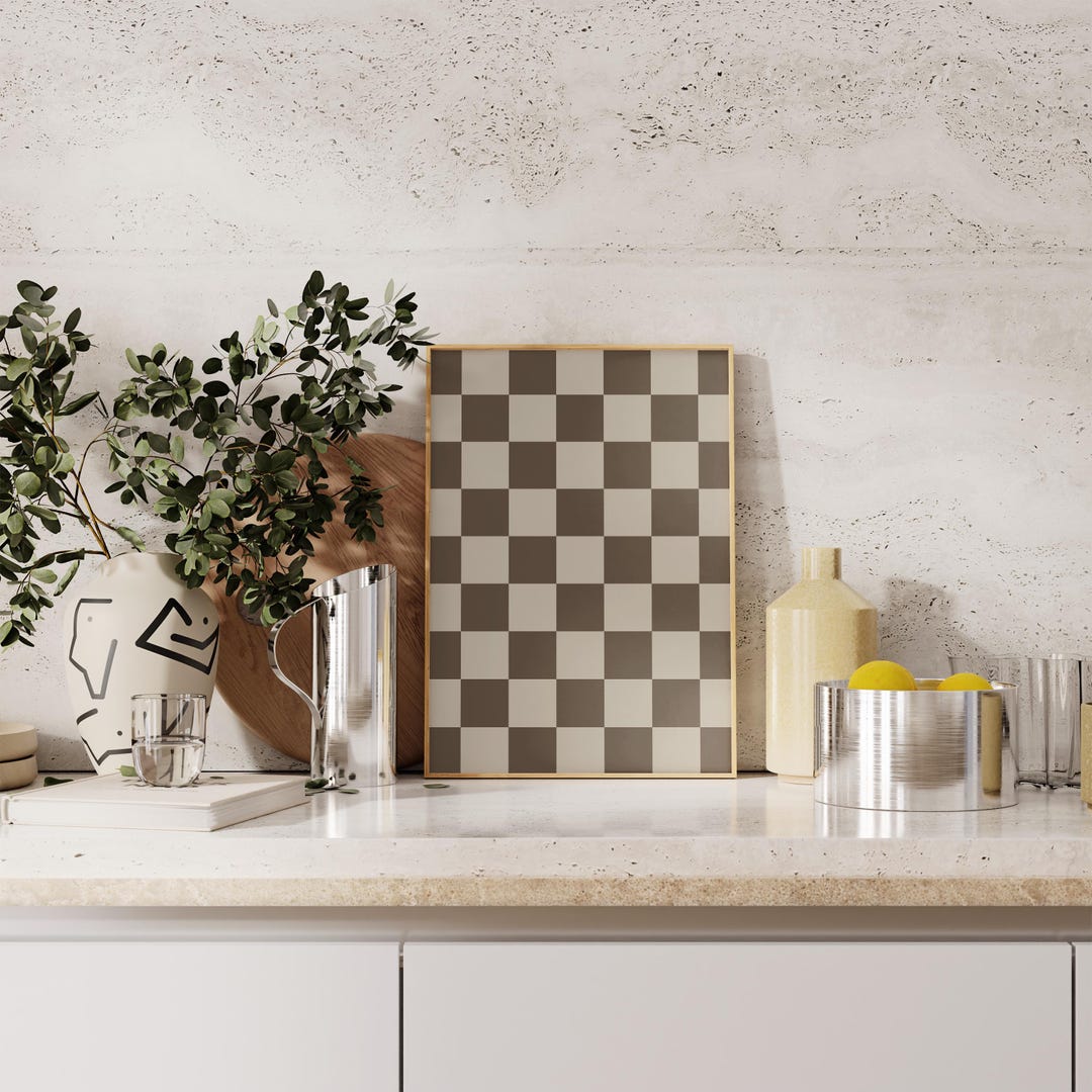 Brown Checkered Wall Art | Checkered Art Print | Kitchen Art | Modern ...
