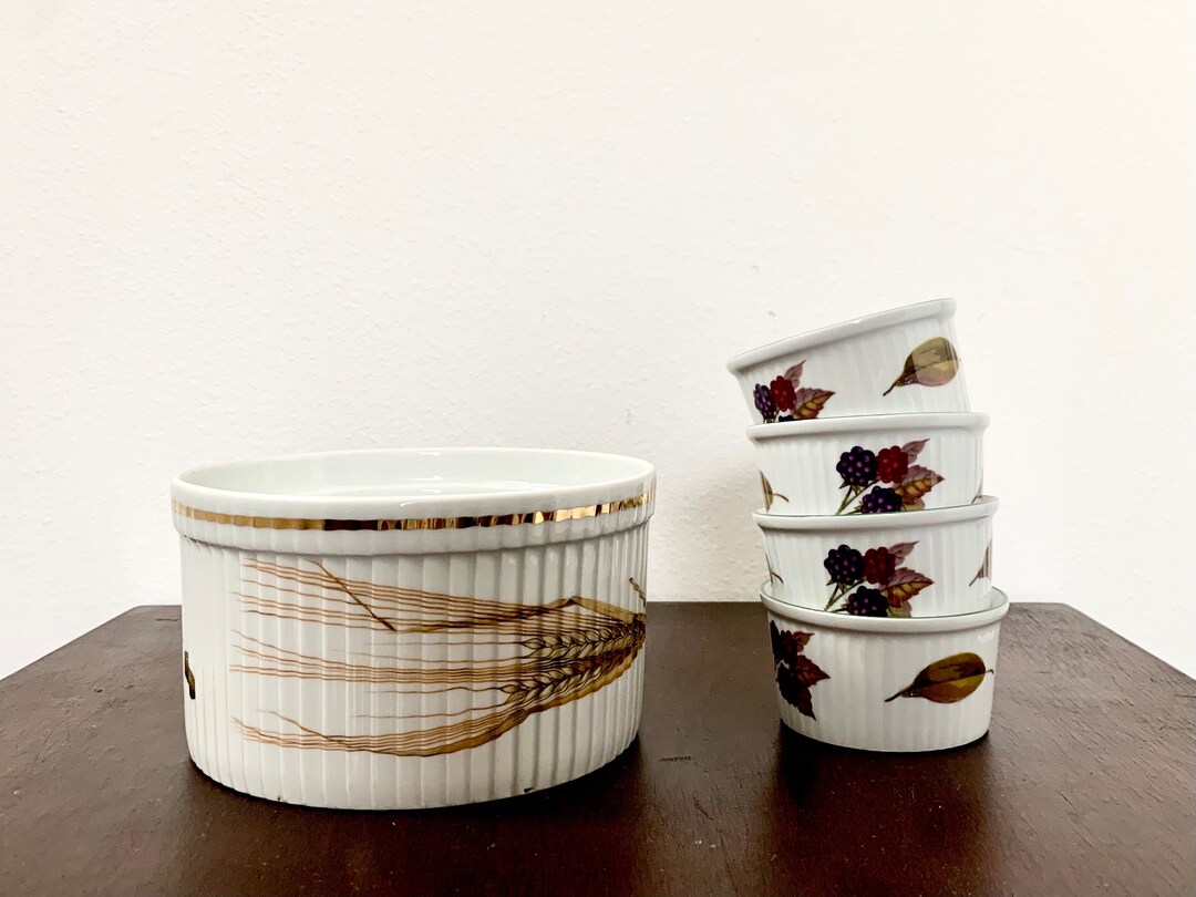 Vintage Royal Worcester Evesham Vale Green Ramekins and Gold Soufflé ...