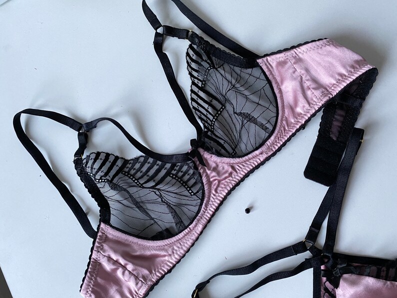 Mag Pink Satin And Black Lace Lingerie Set Etsy