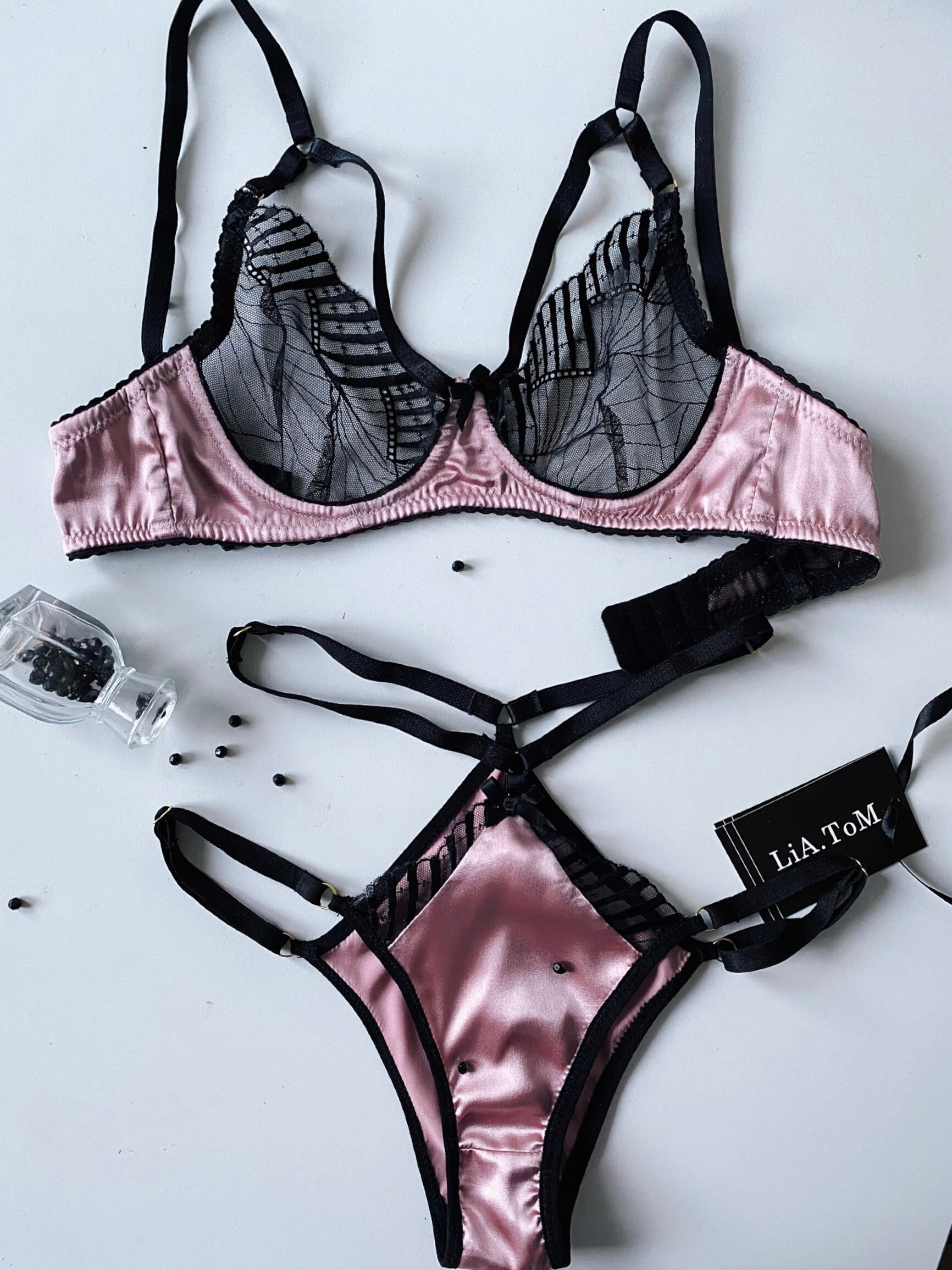 Mag Pink Satin And Black Lace Lingerie Set Etsy Uk