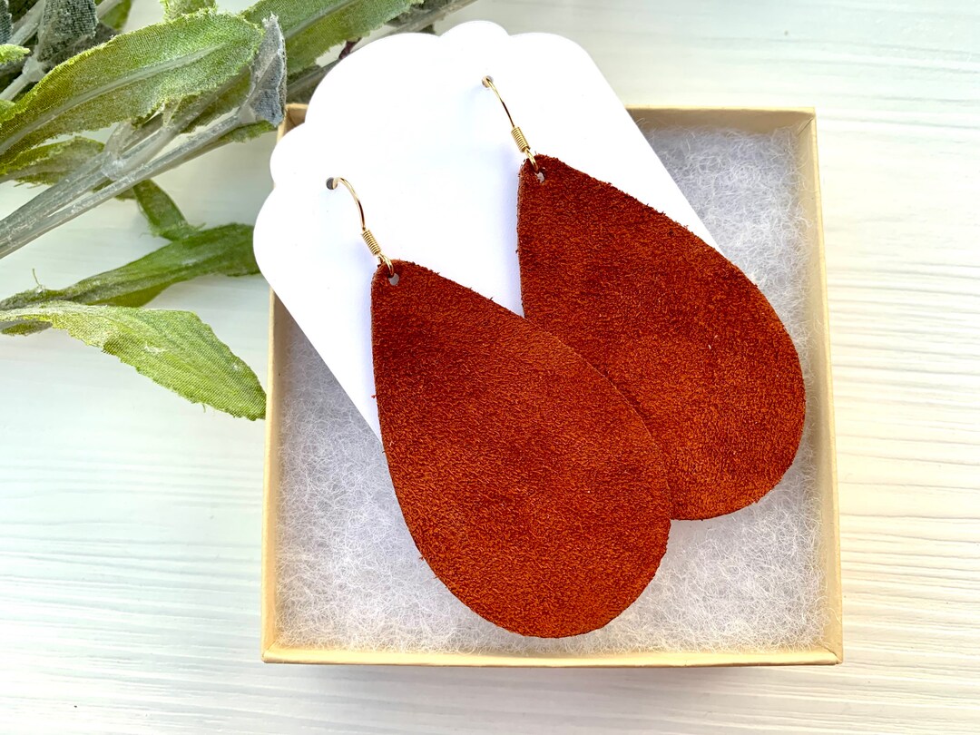 Rust Suede Leather Earrings, Rust Teardrop Earrings, Genuine Suede ...