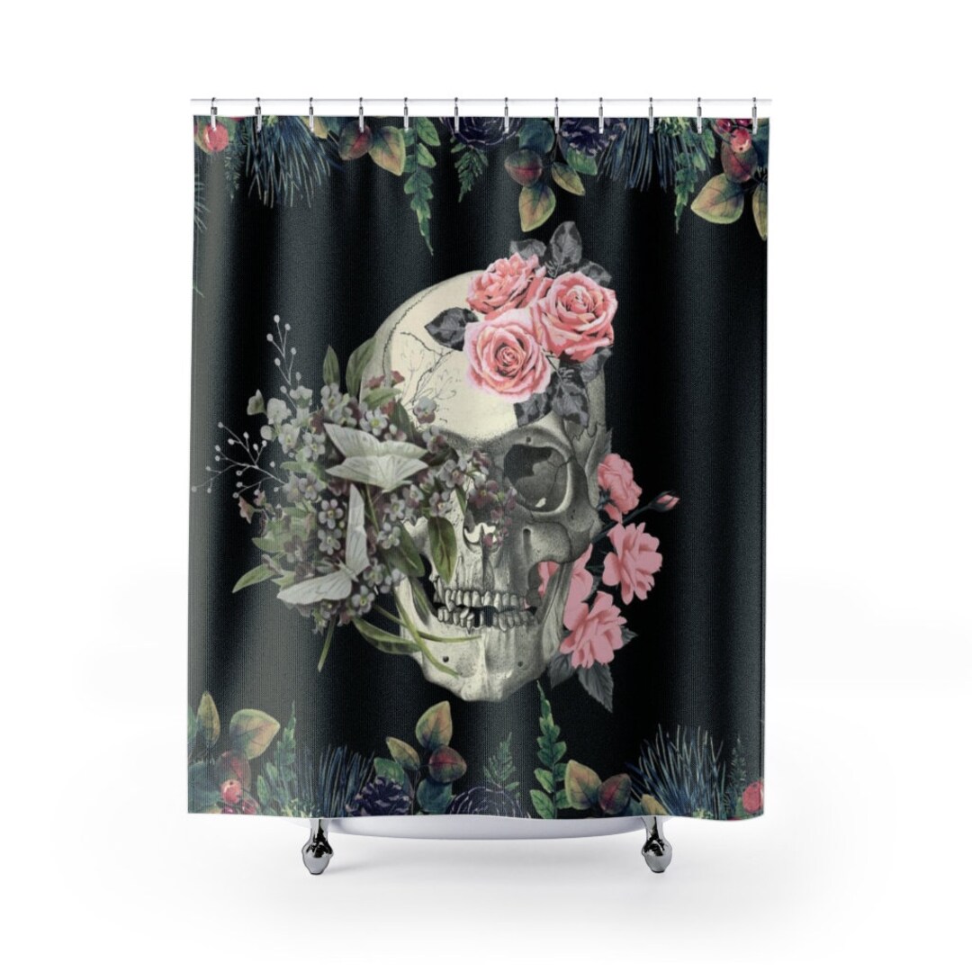 Gothic Pink Roses Skull Head Tattoo Retro Flowers Scary Horror Vintage Halloween Spooky Night ...