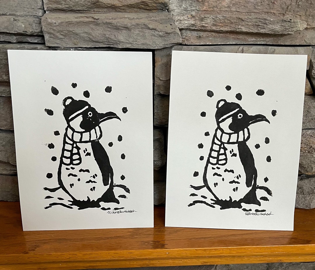 Penguin Linocut Print, Winter Block Print, Original Art - Etsy